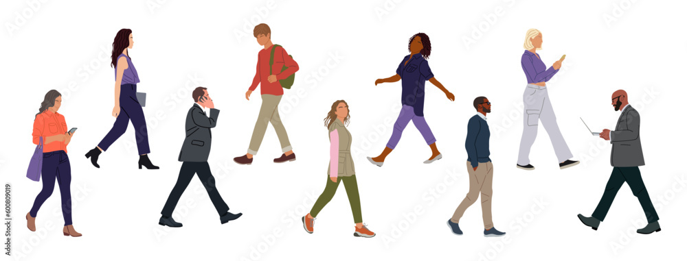 Set of Various business people walking side view. Modern men and women ...