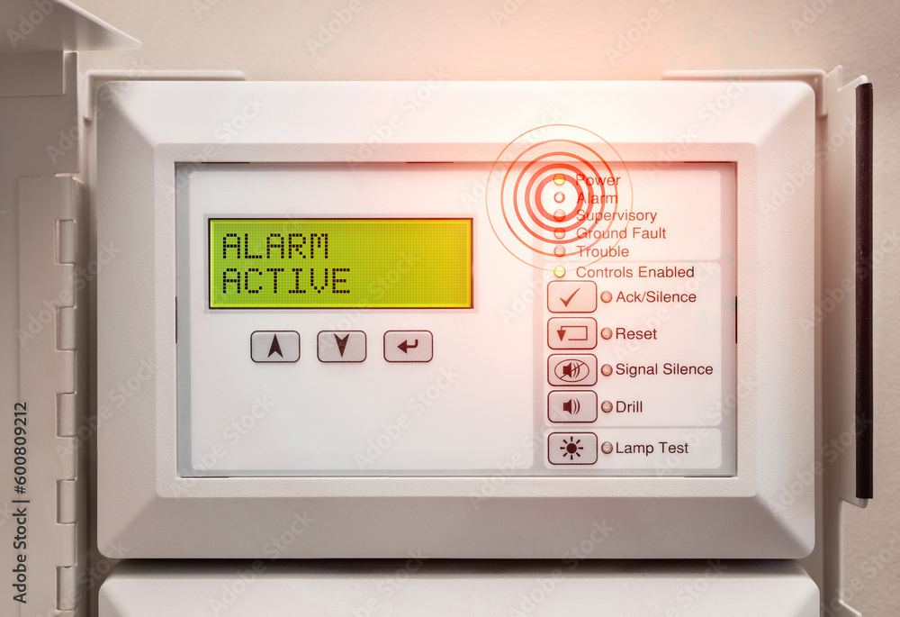 Fire alarm system with active alert. Evacuation alarm display. Control ...