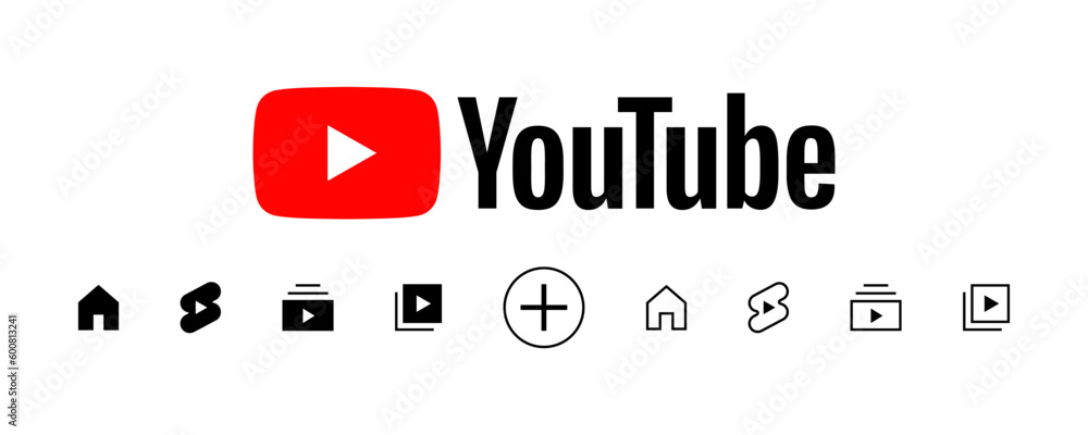youtube logo and youtube icons set. home, shorts, add, subscriptions ...