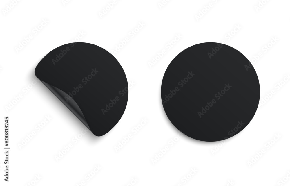 Black realistic adhesive stickers tag. Round and curved edge peel fold ...