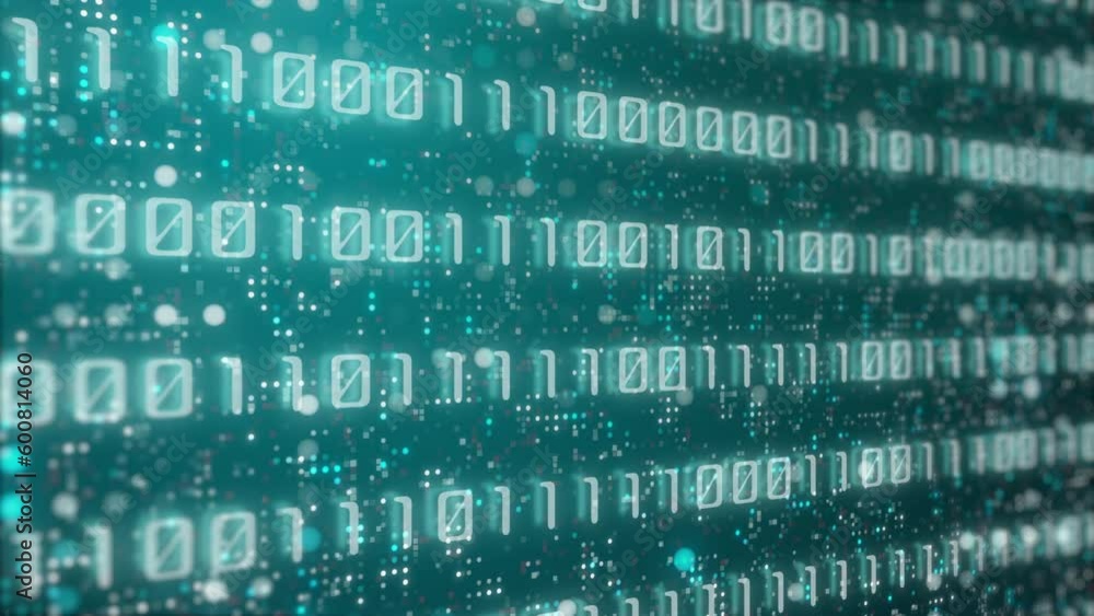 Abstract blue background with binary computer code. A panel with rapidly changing zeros and ones ...