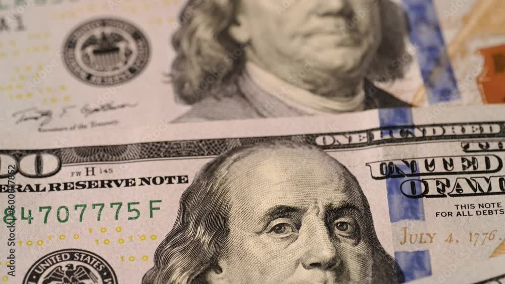 100 dollar bills close up tracking. Us national paper currency. Hundred ...