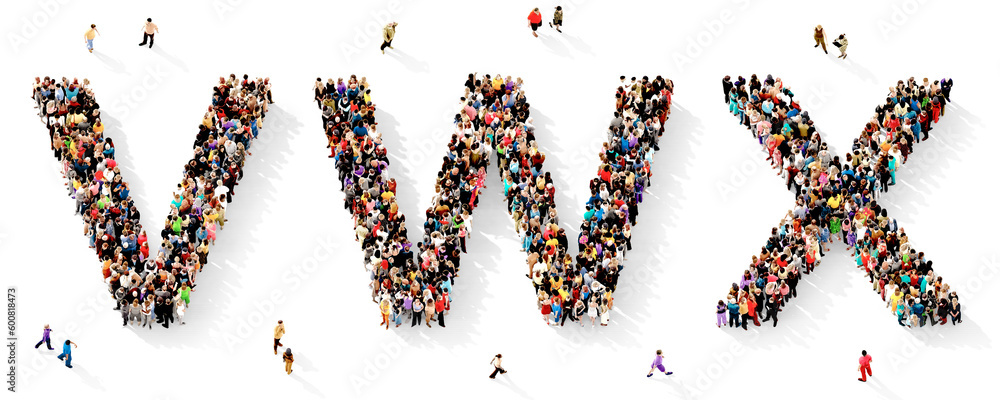 Large and diverse group of people gathered together in the shape of V W ...