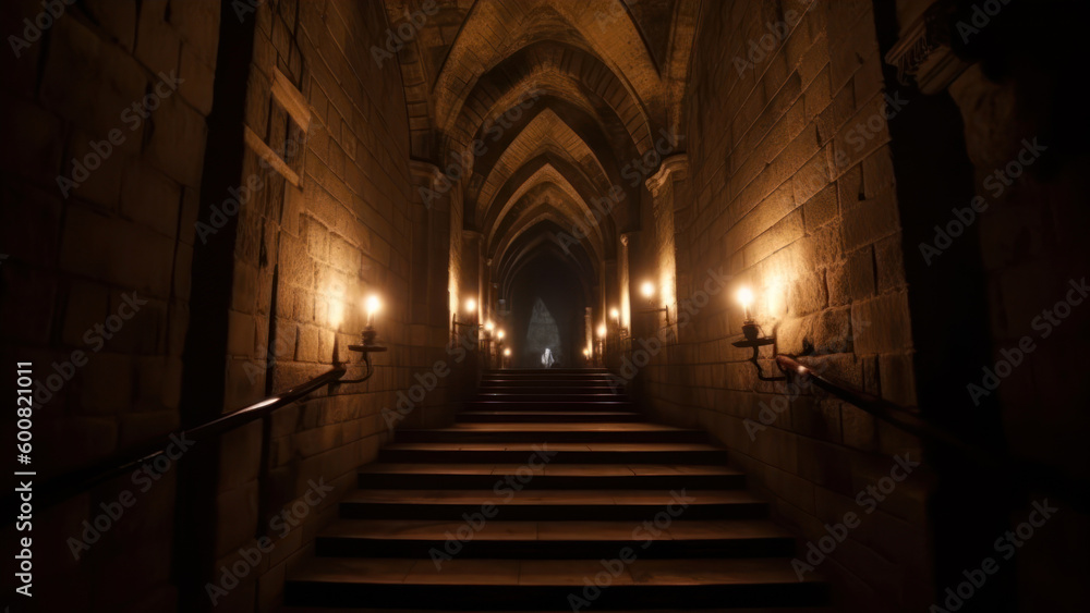 ominous, stone-walled, torches, night, darkness stair-accessible ...