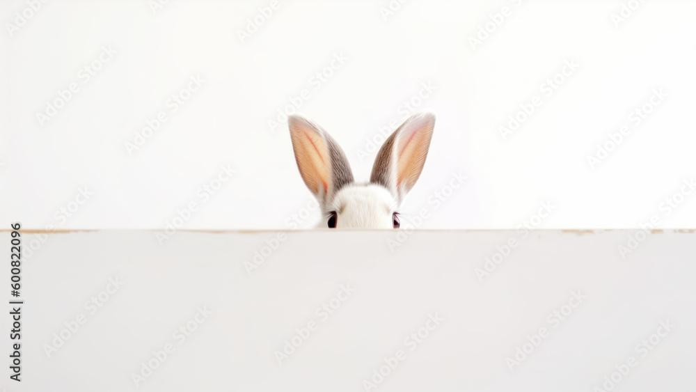 rabbit peeking out from behind a white table, on white isolated ...