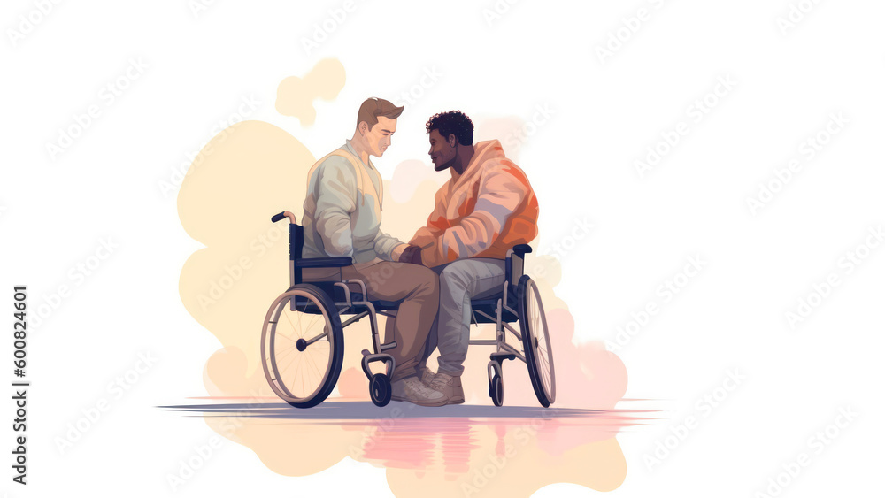 Two disabled gay men in wheelchair with LGBT flag on white isolate. The ...