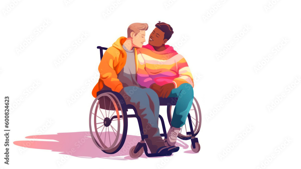 Two disabled gay men in wheelchair with LGBT flag on white isolate. The ...