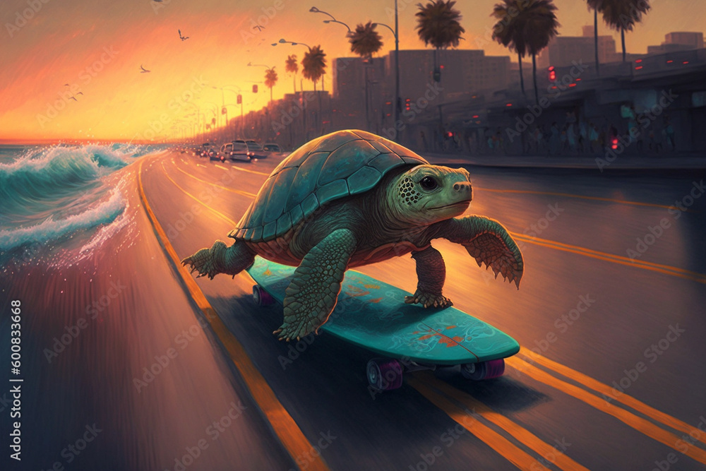 Turtle rides a skateboard along a coastal road with the sun setting in the background ...