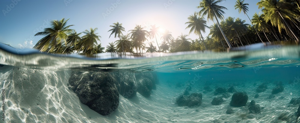 Tropical Island And Coral Reef - Split View With Waterline. Beautiful ...