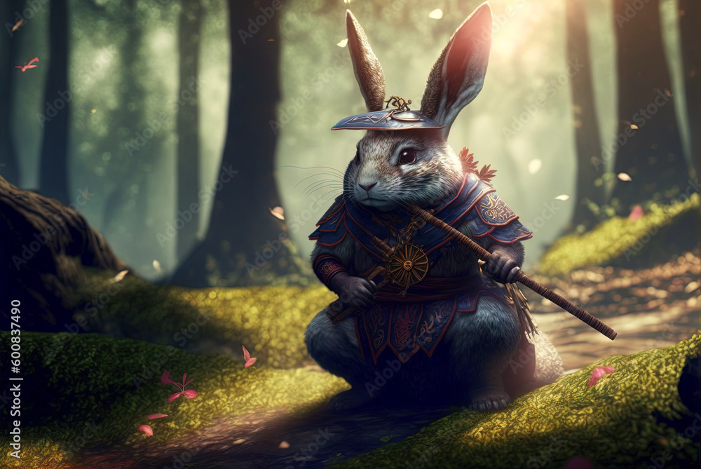ภาพประกอบสต็อก Rabbit samurai in traditional drawing style. Japanese ...