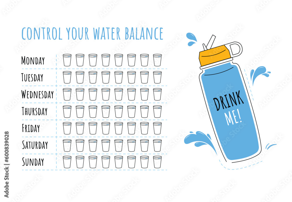 Water tracker vector template. Drinking water checklist. Water tracker ...