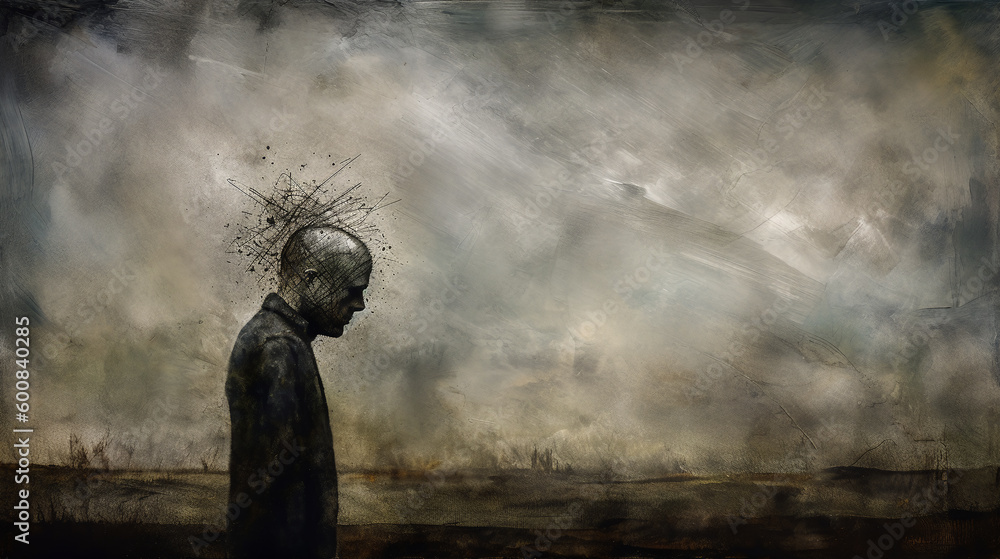 Depression represented by a sad man walking in a murky gray environment ...