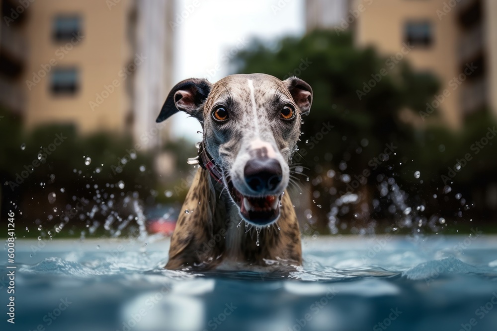 Medium shot portrait photography of a tired greyhound splashing in a ...