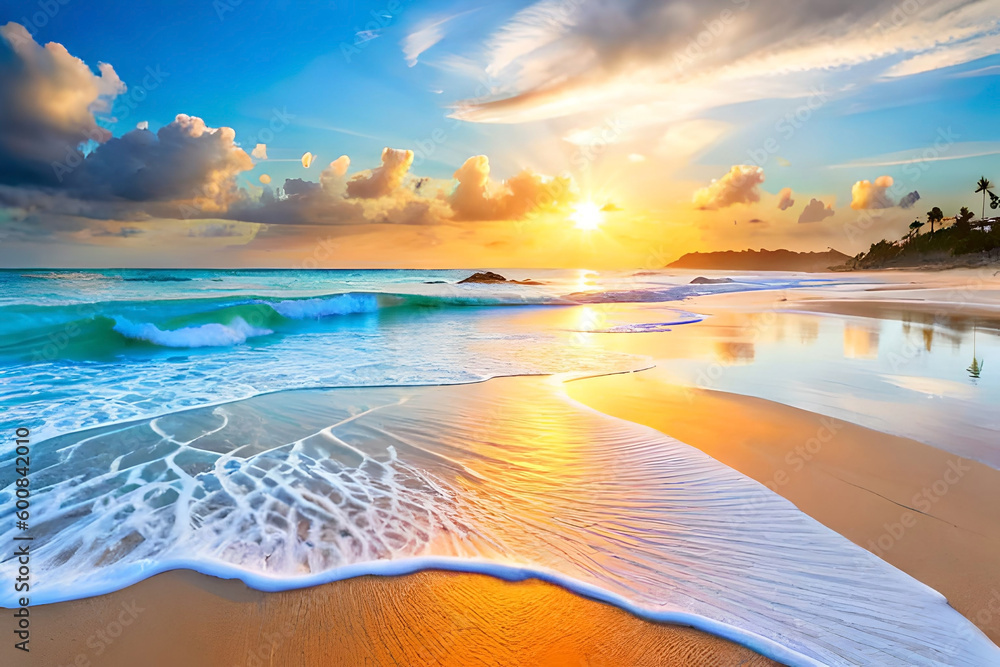 A bright and colorful image of a sandy beach, with crystal clear blue ...