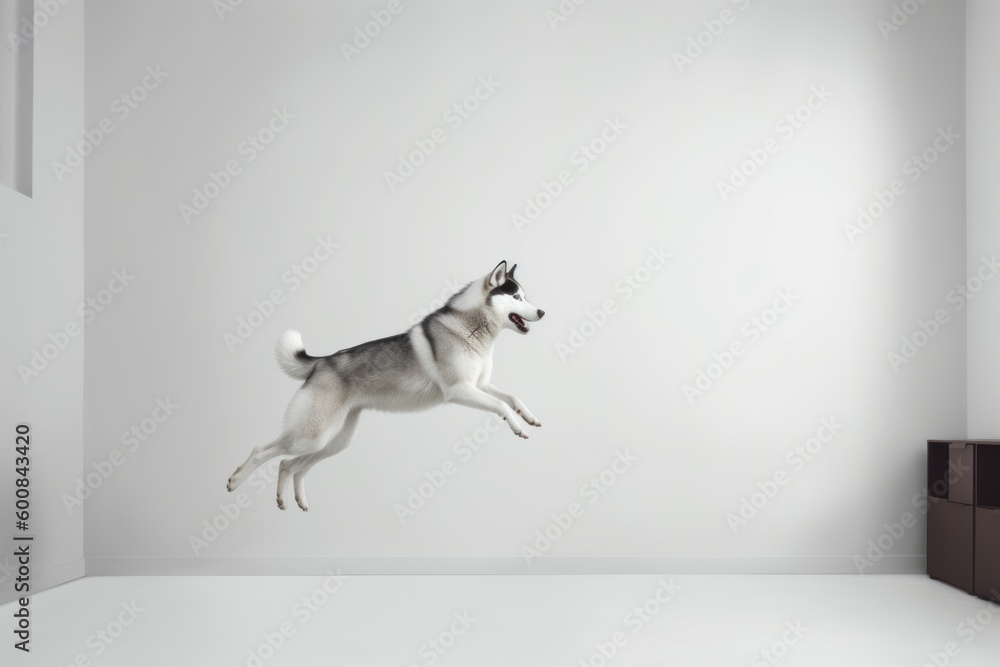Group portrait photography of a curious siberian husky jumping against ...
