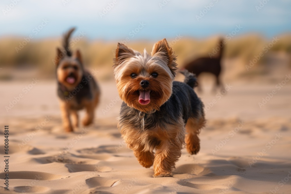 Group portrait photography of a curious yorkshire terrier chasing his ...