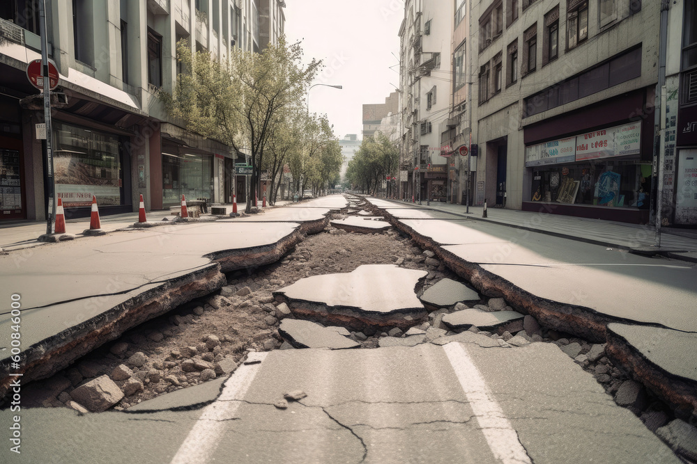 City street with destructed asphalt road after disaster. Damaged urban ...