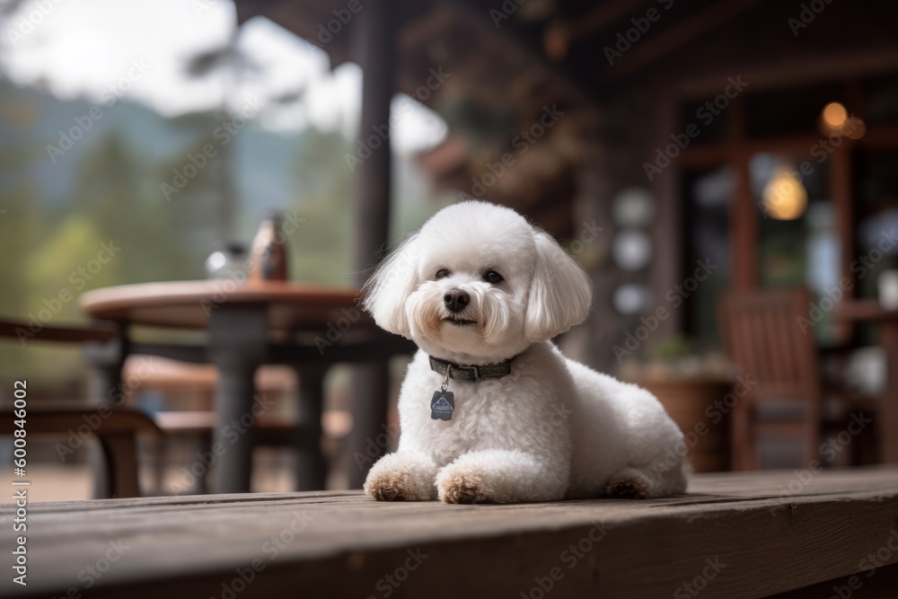 Full-length portrait photography of a curious bichon frise relaxing at ...