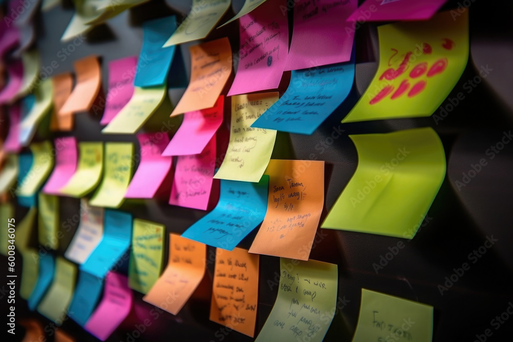 Sticky notes board in office. Many different colorful paper stickers ...