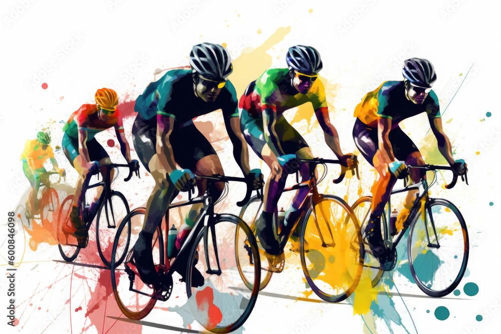 Cyclists team riding on bicycles, color drawing. Bike race banner ...