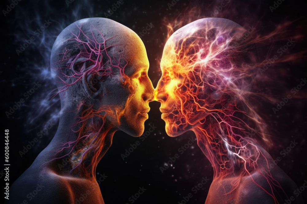 Two spiritual human bodies on dark background. Souls connection ...