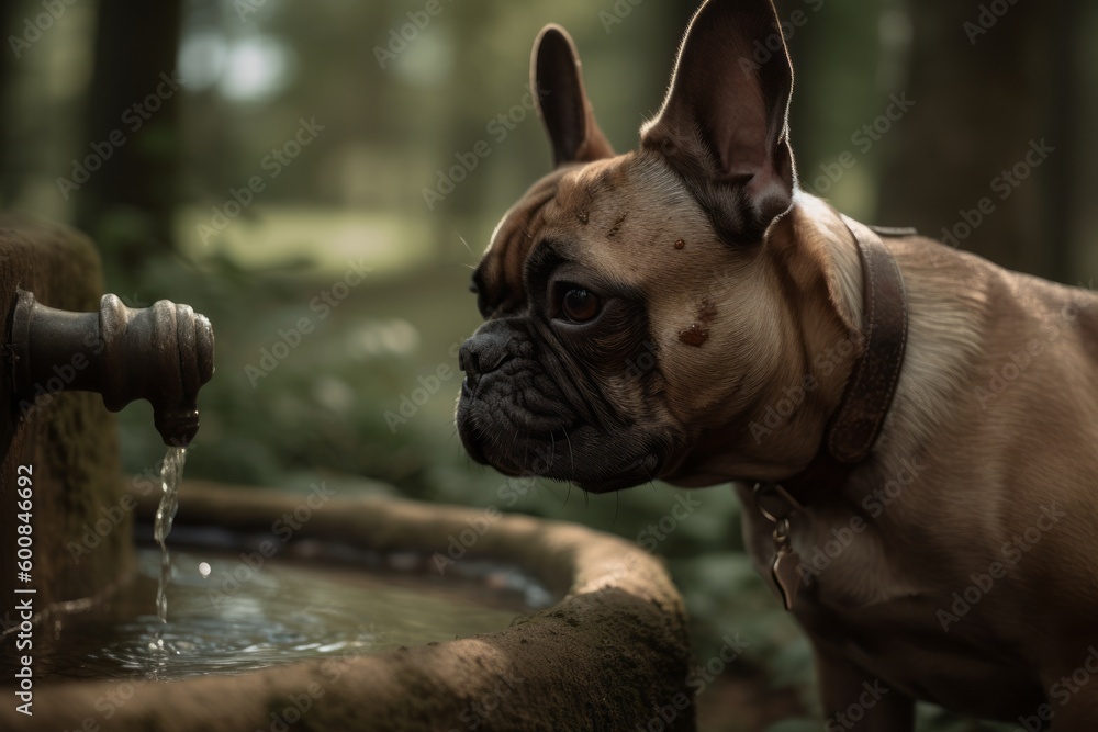 Environmental portrait photography of a curious french bulldog drinking ...