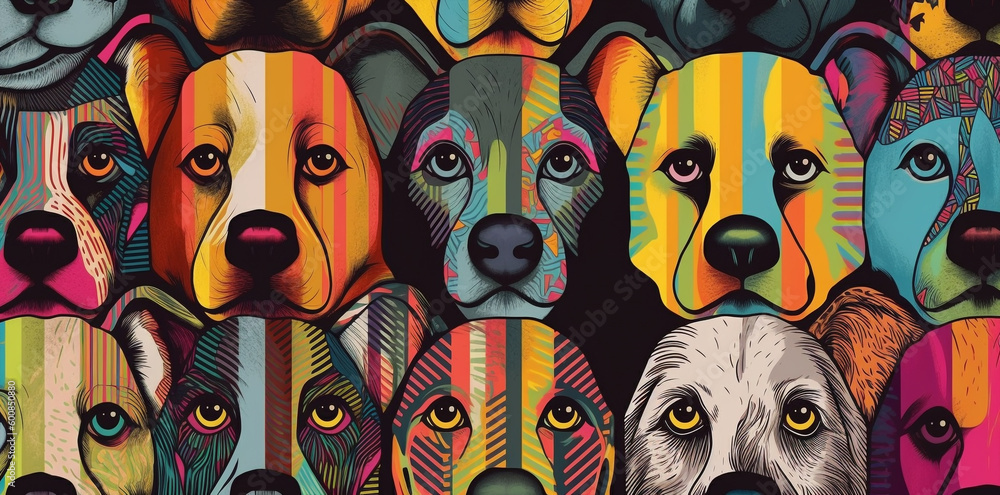 pattern with dog faces, urban graffiti style collage, po art colorful ...