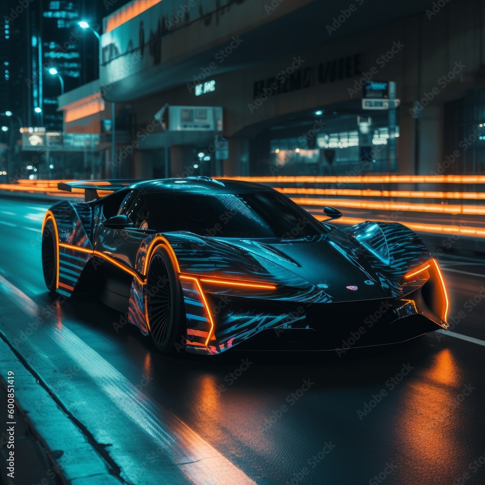 Fast and Furious: A Futuristic Electric Car Zooming through a Neon-Lit ...