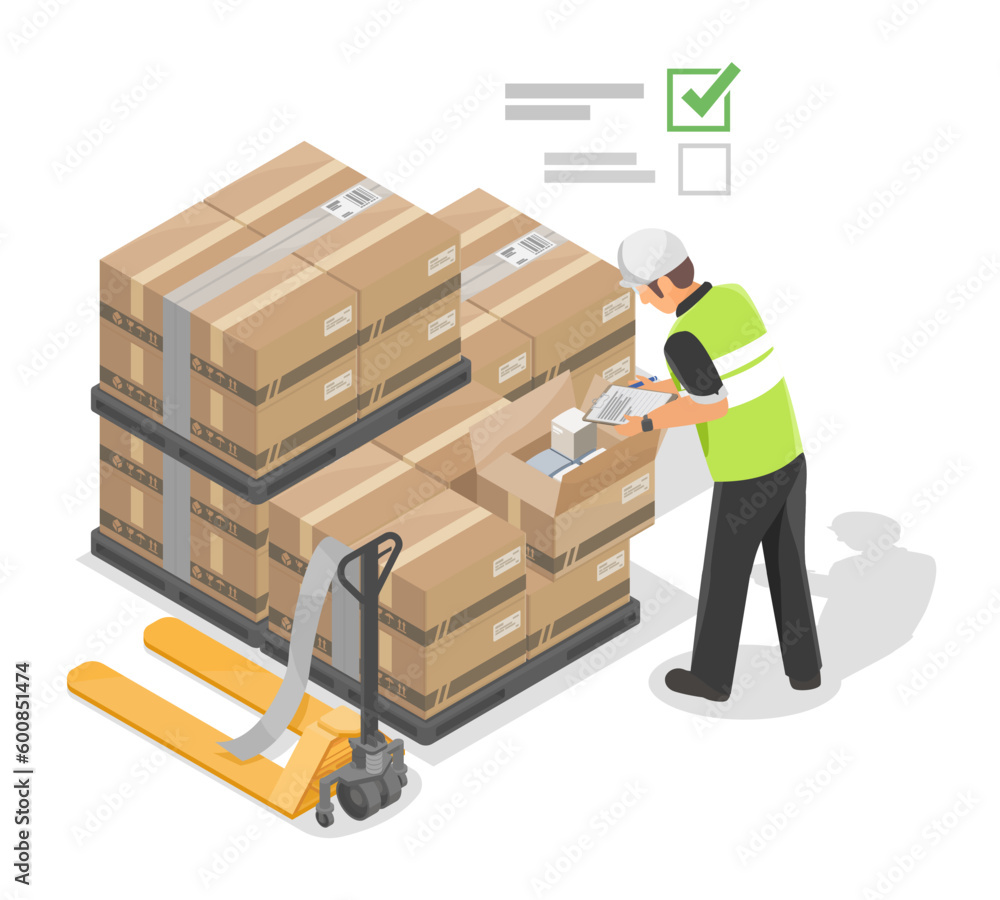 Vetor de Goods inspection checklist employee inspecting the products ...