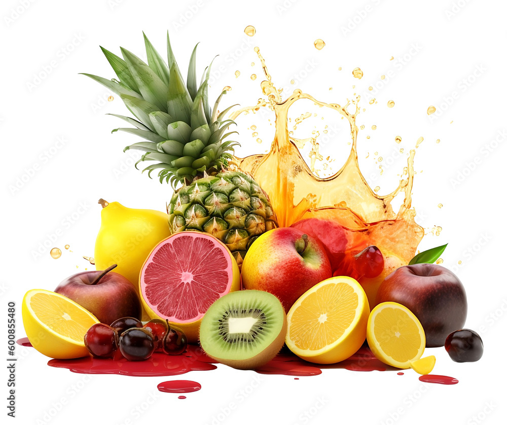Tropical Fruits with juice splash isolated on transparent background ...