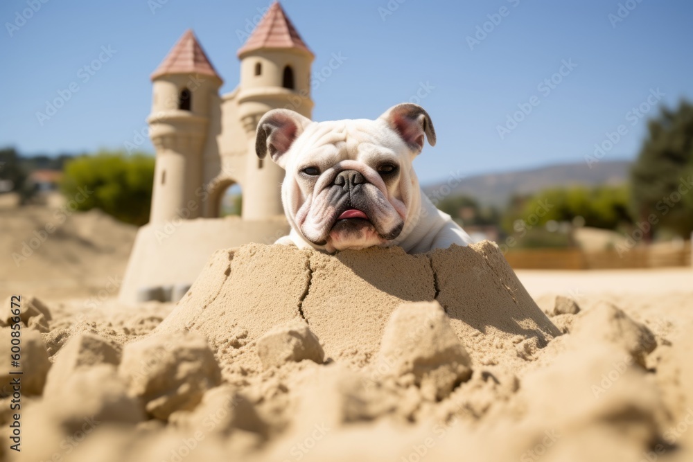 Medium shot portrait photography of a scared bulldog building a ...