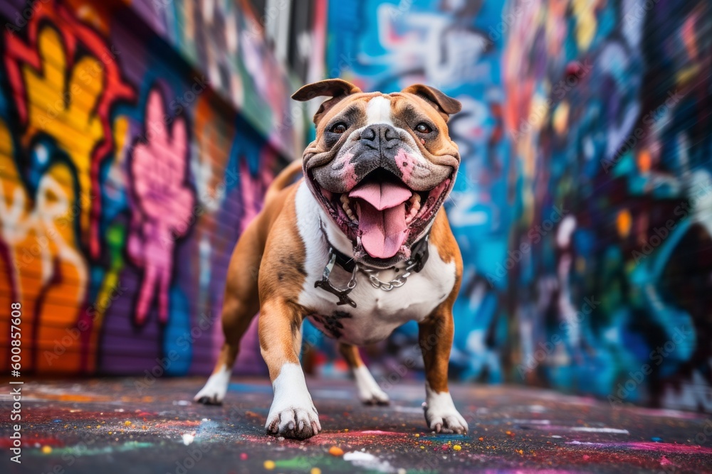 Medium shot portrait photography of a happy bulldog rolling against ...