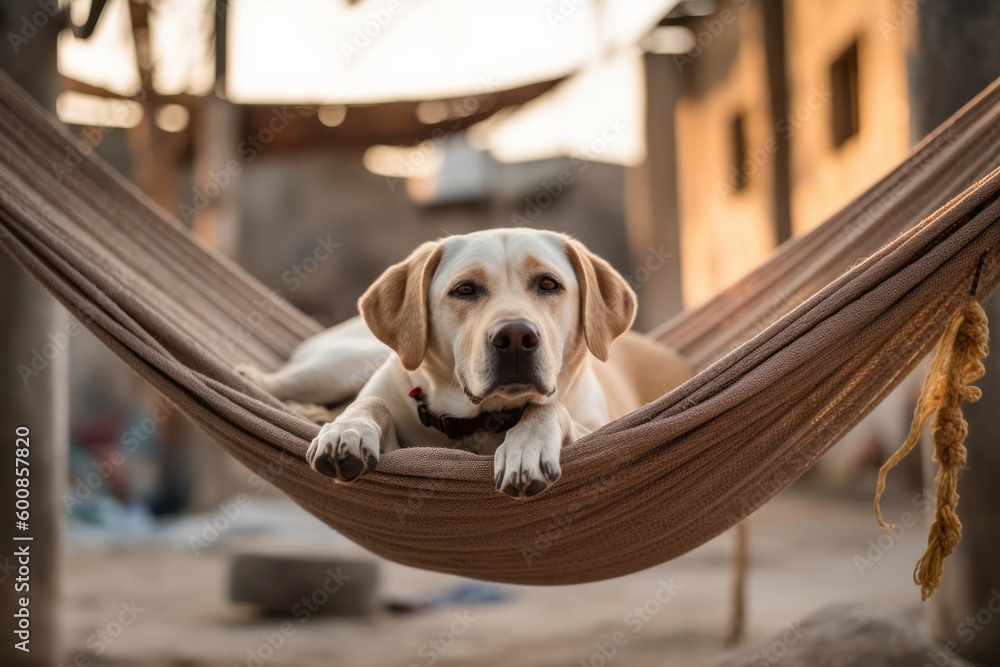 Medium shot portrait photography of a happy labrador retriever lying in ...
