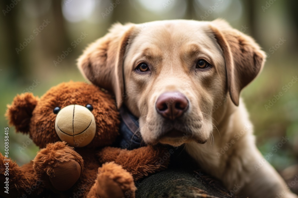 Lifestyle portrait photography of a happy labrador retriever holding a ...