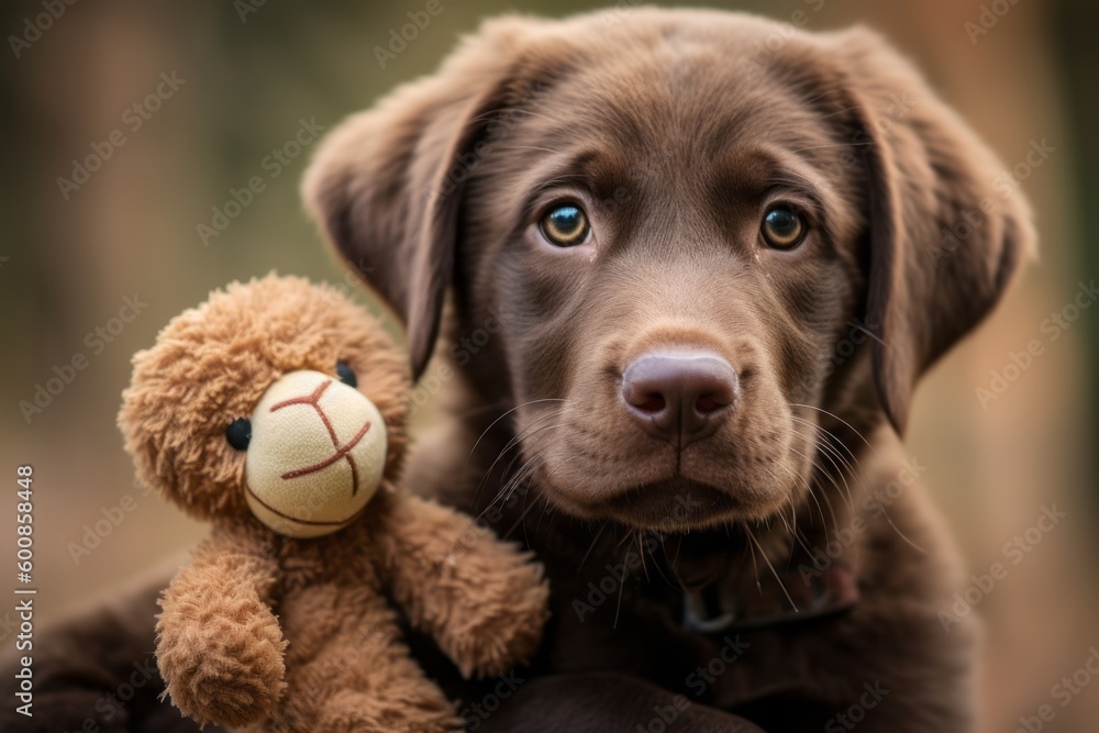 Lifestyle portrait photography of a happy labrador retriever holding a ...