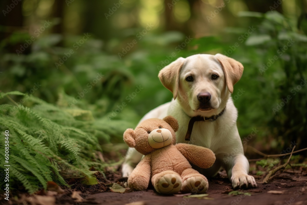 Lifestyle portrait photography of a happy labrador retriever holding a ...