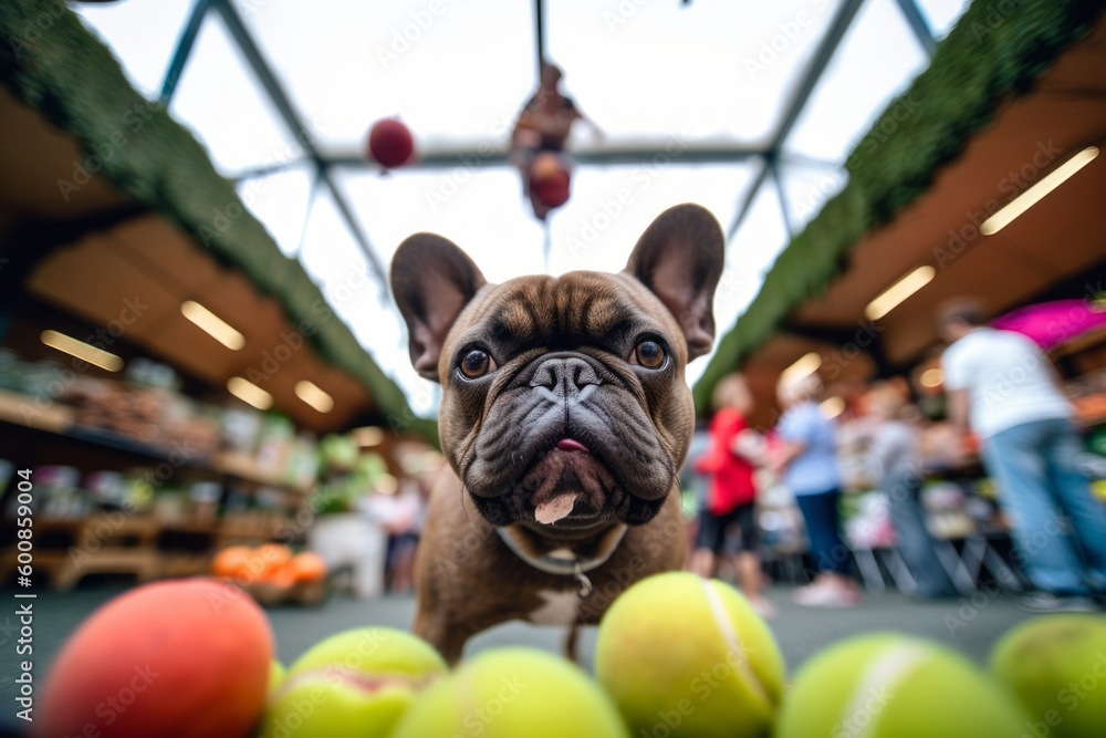 Lifestyle portrait photography of a curious french bulldog playing ...