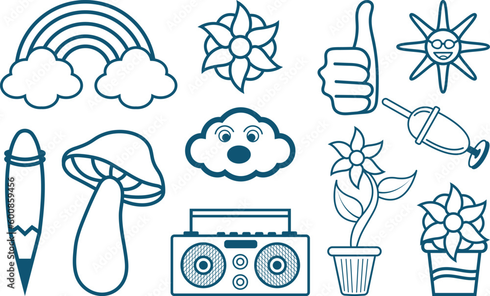 Hand drawn doodle 90's Retro element Clipart collection set. Stock ...