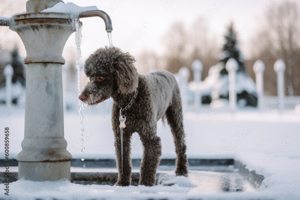 Full-length portrait photography of a scared poodle drinking from a ...