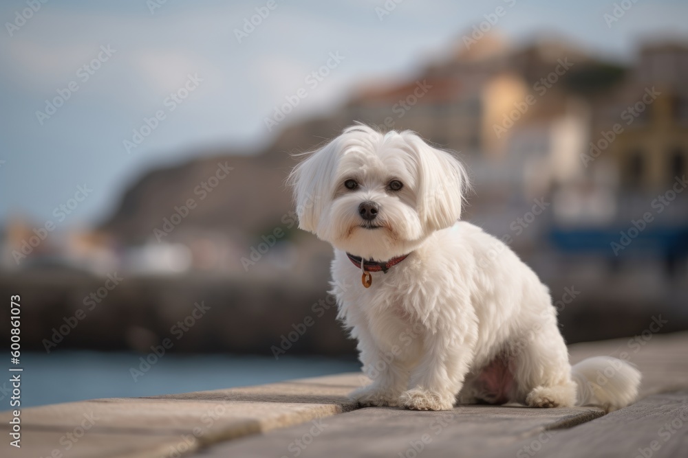 Full-length portrait photography of a curious maltese sitting against ...