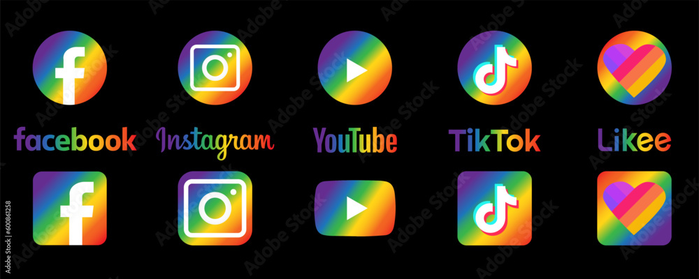 Social media icons in LGBT style: YouTube, Instagram, Facebook, TikTok ...