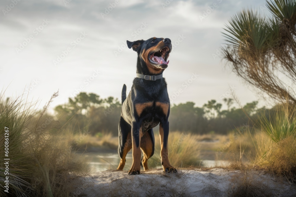 Environmental portrait photography of a happy rottweiler standing on ...