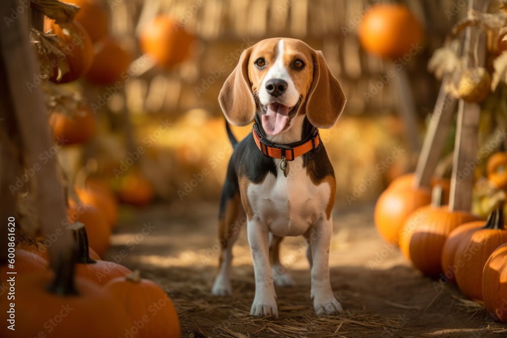 Studio portrait photography of a happy beagle walking on a leash ...