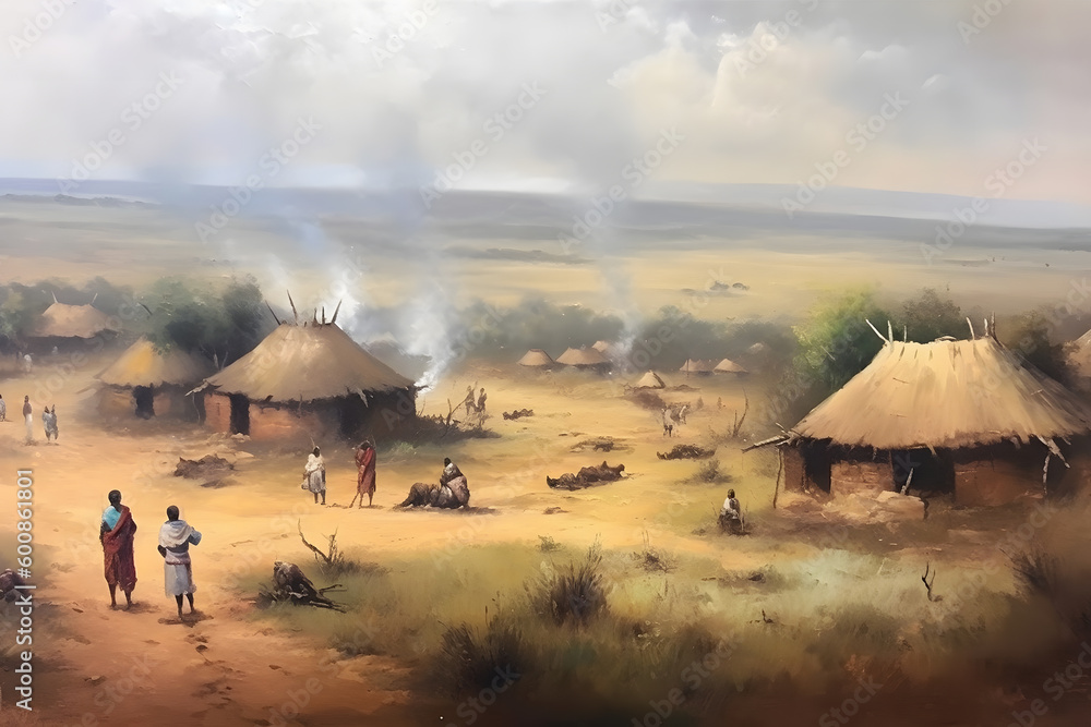 African village illustration. Tribe ethnic people. Neural network AI ...