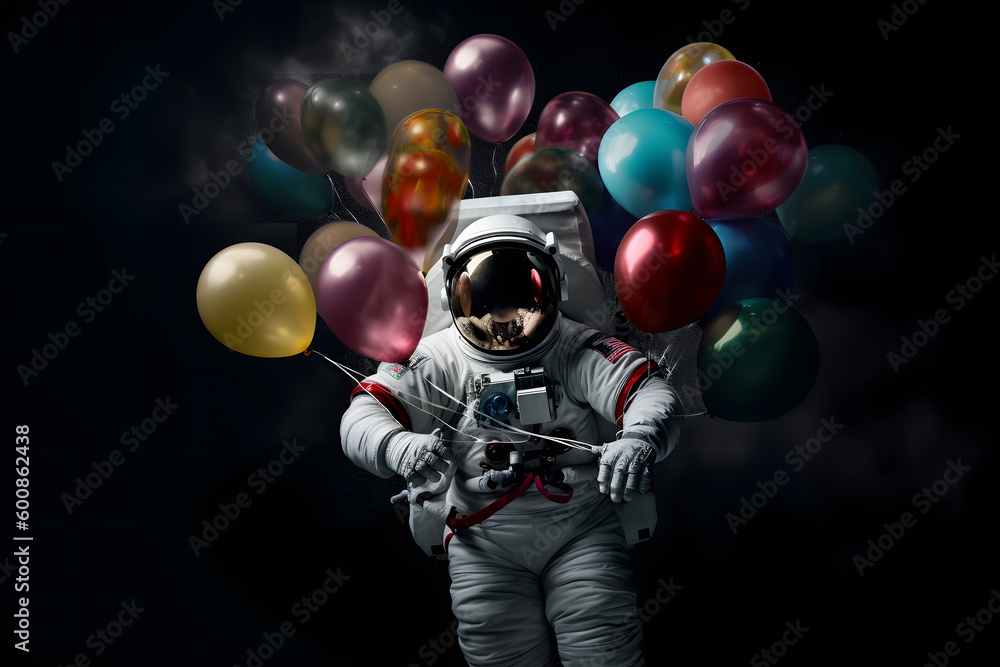 astronaut cartoon floating with balloon planet in space background ...