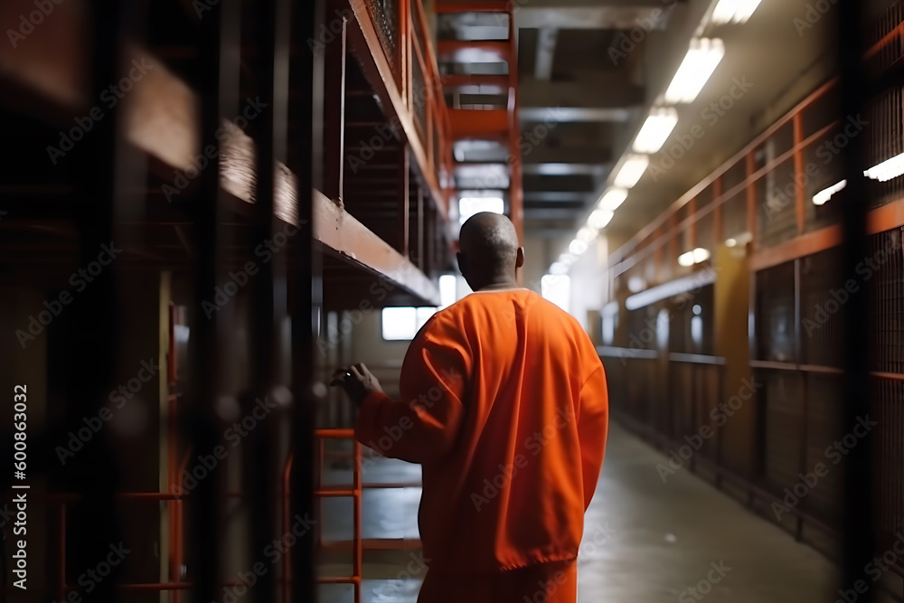 prisoner in orange prison suit in corridor. Neural network AI generated ...