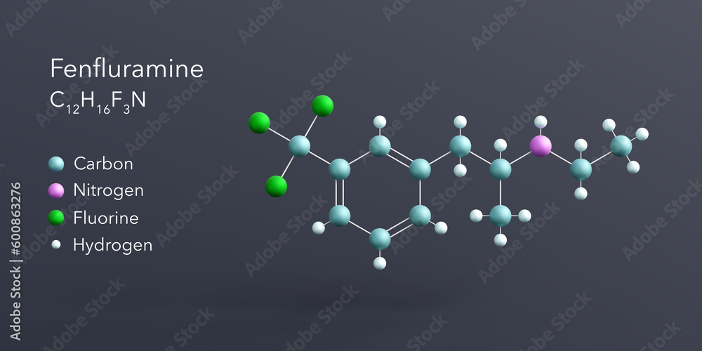 fenfluramine molecule 3d rendering, flat molecular structure with ...