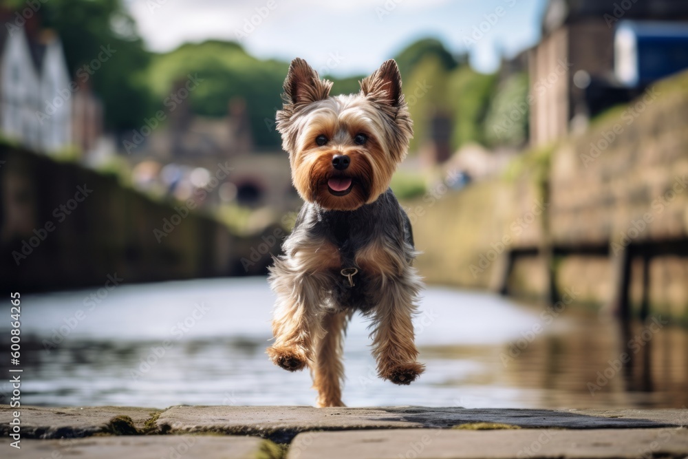 Medium shot portrait photography of a scared yorkshire terrier standing ...