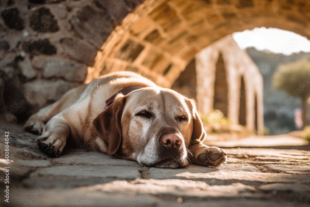 Lifestyle portrait photography of a happy labrador retriever lying down ...