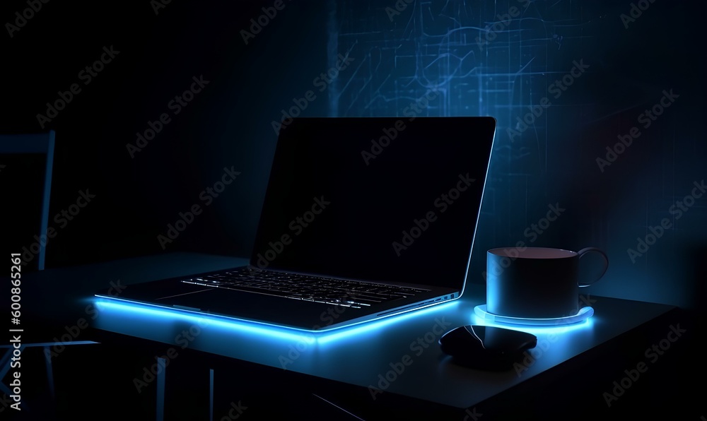 portable neon computer with a blank screen and a desk in a dark room ...